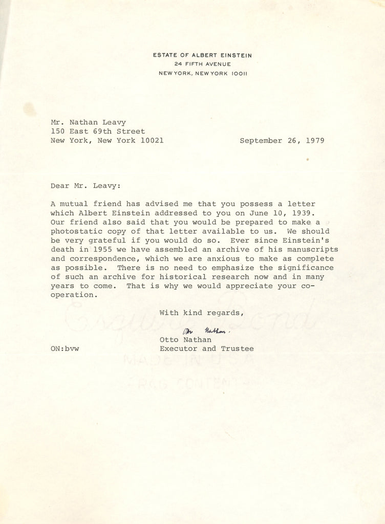 Albert Einstein typed and signed letter