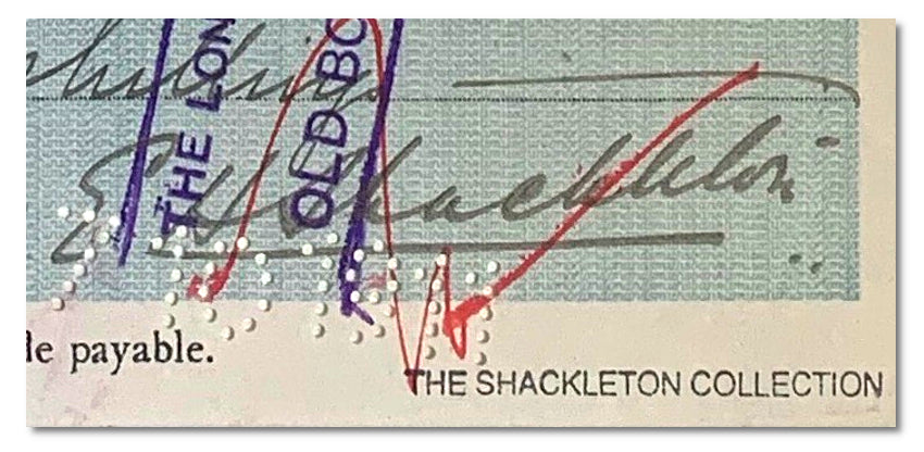 Ernest Shackleton signed bank cheque